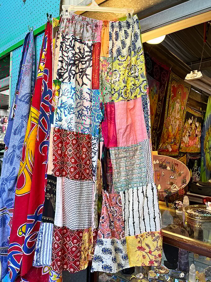 Patchwork pants that tell more stories than your uncle after three glasses of bourbon—each square a chapter in fabric form.