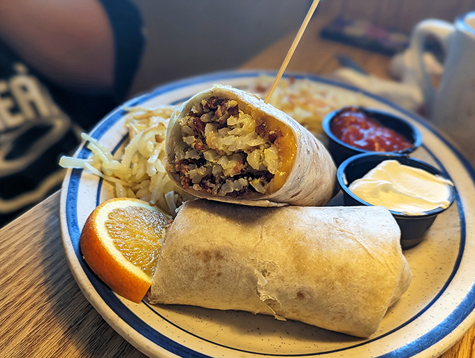 The breakfast burrito – where morning favorites play hide and seek inside a warm tortilla, with hash browns sneaking in for good measure.