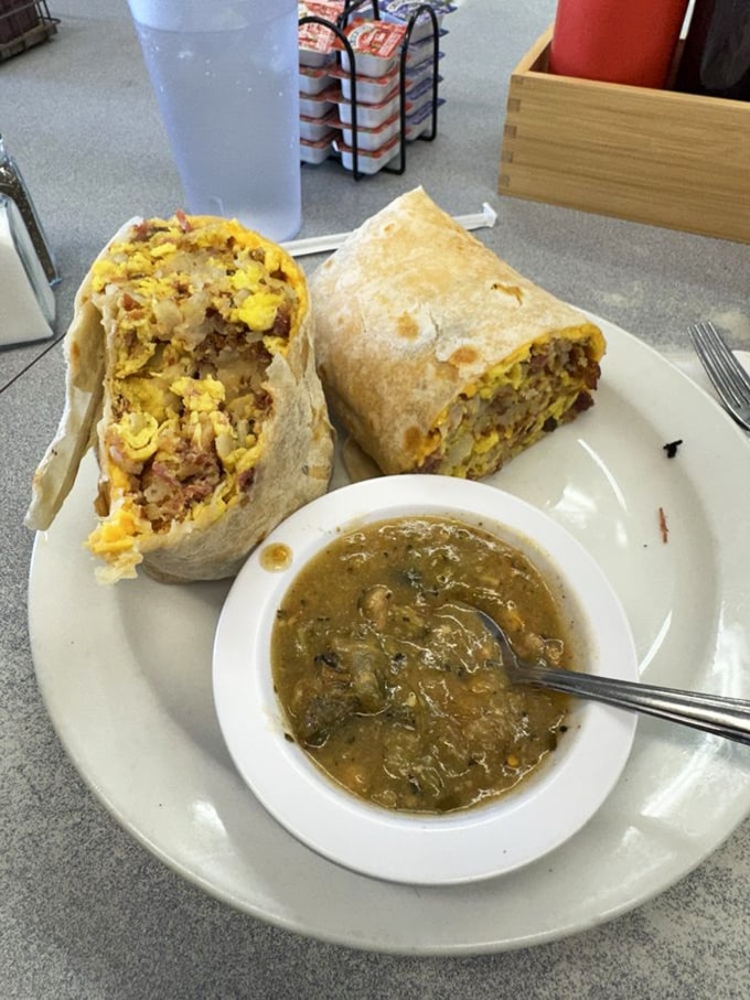 This breakfast burrito isn't messing around—it's a serious commitment to starting your day with a proper food hug.