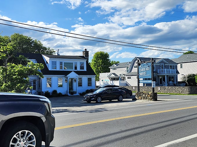 Carriage House Restaurant's classic New England architecture promises comfort food with a side of coastal charm and local hospitality.
