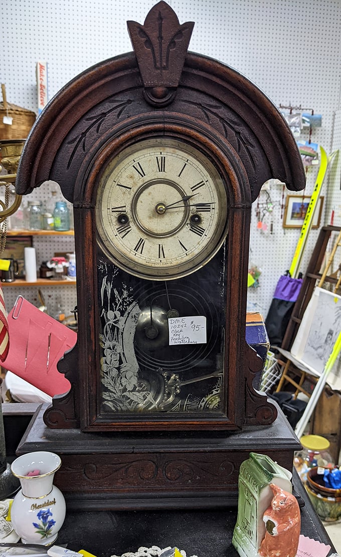 This ornate mantel clock doesn't just tell time—it tells history. The craftsmanship in that carved wood case makes today's mass-produced timepieces look positively soulless.