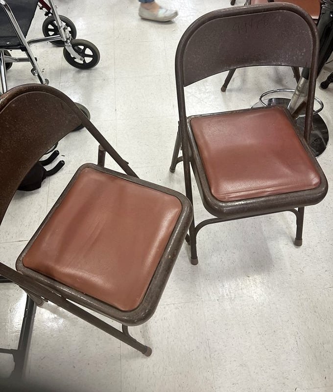 These vintage folding chairs aren't just seating—they're a time portal to 1970s church basements and community bingo nights.