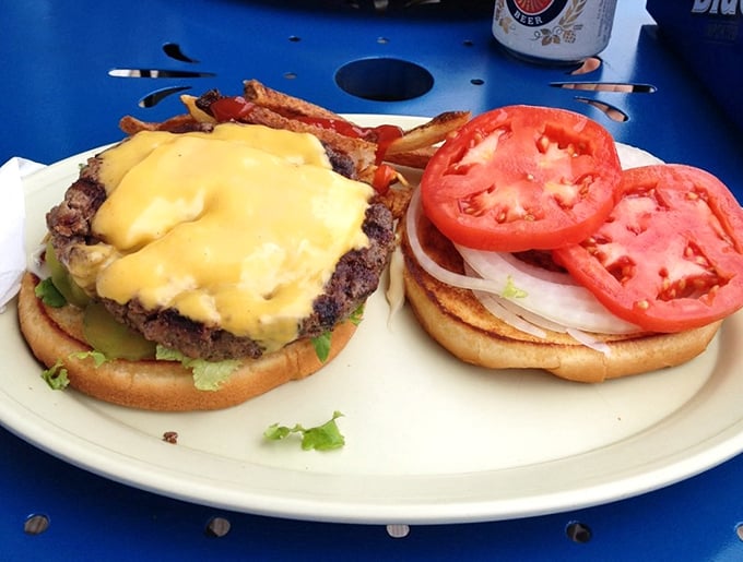 A burger that means business – melted cheese cascading down a substantial patty with fresh tomatoes standing by for a perfect bite.
