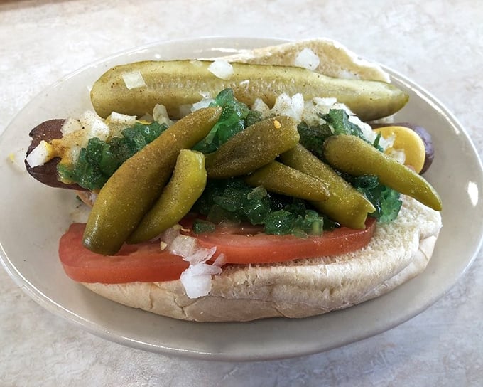 The Chicago Dog in all its glory—a garden of toppings that somehow makes perfect sense together, like a well-rehearsed culinary orchestra.