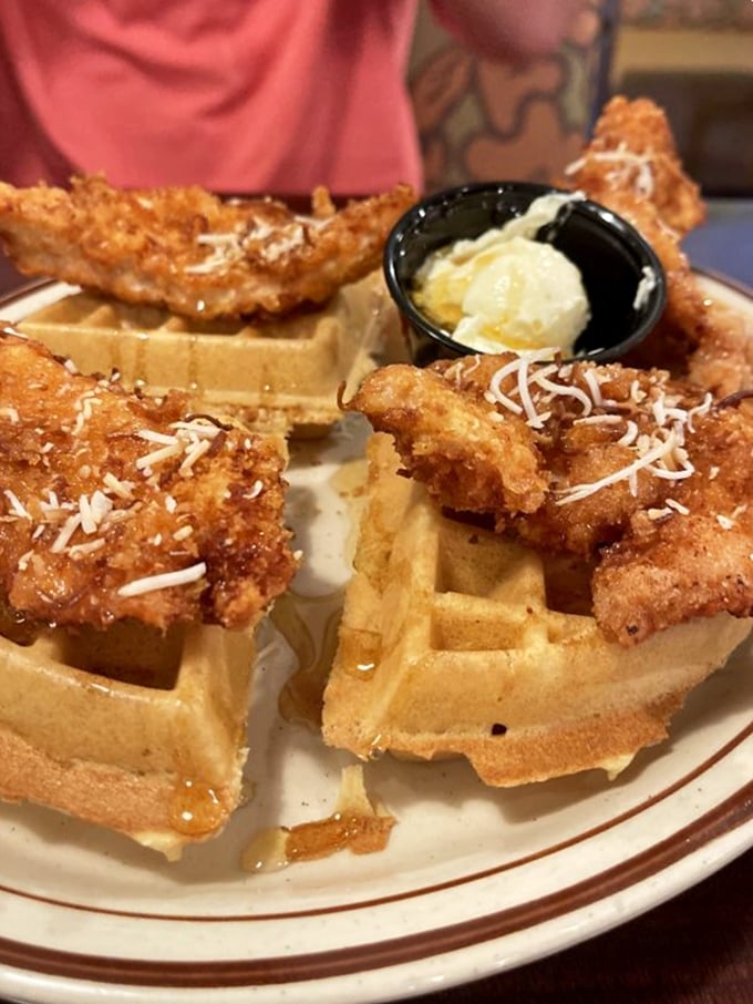 Chicken and waffles—the culinary odd couple that proves opposites don't just attract, they create magic on a plate.