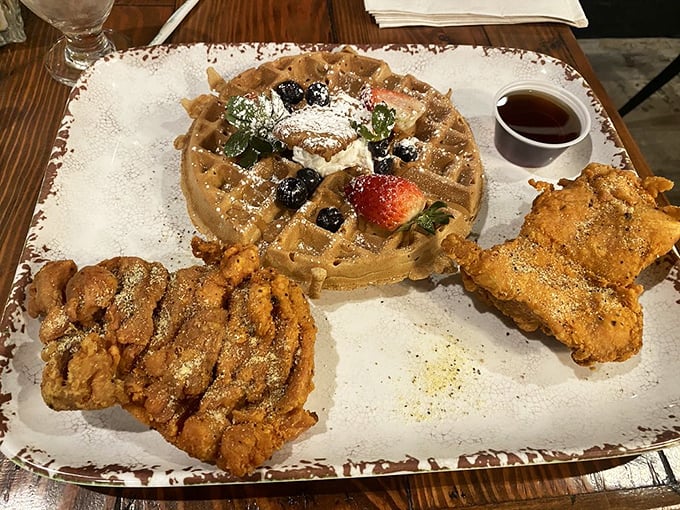 Chicken and waffles: the breakfast equivalent of a mullet—business (protein) on one side, party (waffle) on the other. Pure genius.