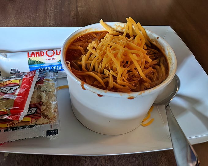 A bowl of Zip's famous chili topped with shredded cheese – Cincinnati's answer to the eternal question: "What makes a cold day better?"