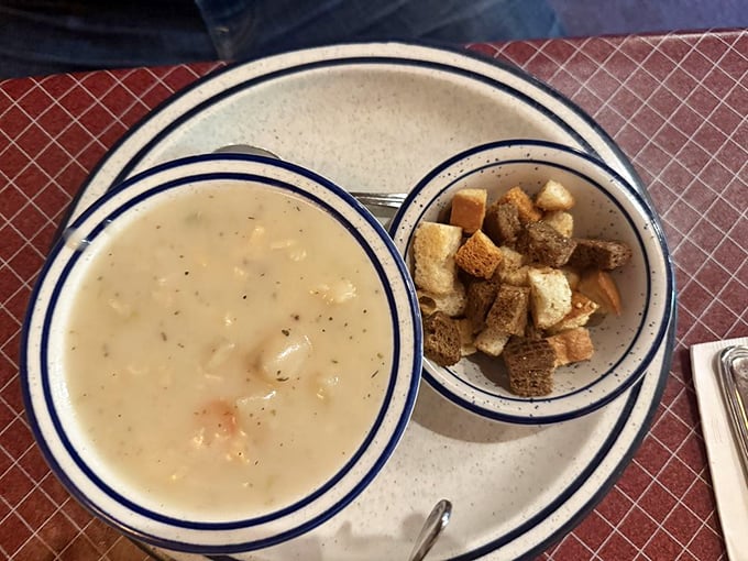 This seafood chowder isn't just soup; it's a creamy hug in a bowl, with actual chunks of seafood you can identify without a magnifying glass.