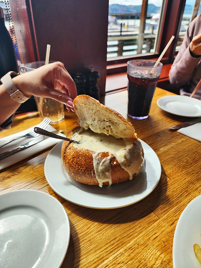 The bread bowl isn't just a vessel—it's part of the experience! This clam chowder is so good, you'll want to eat the "dish" it came in.