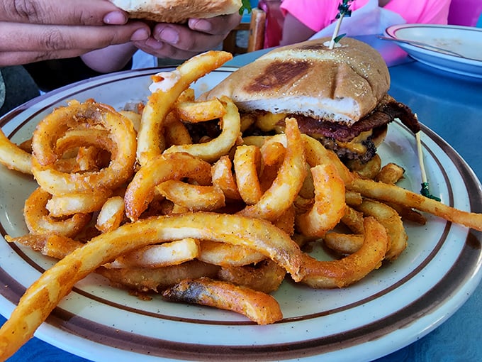 A burger surrounded by an honor guard of curly fries and onion rings. This plate doesn't just satisfy hunger – it annihilates it.