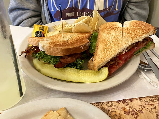 A club sandwich that doesn't need to show off—perfectly toasted bread, classic ingredients, and a pickle that knows its supporting role.