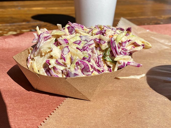 Coleslaw that actually deserves a place on your plate – crisp, fresh, and the perfect counterpoint to all that smoky richness.