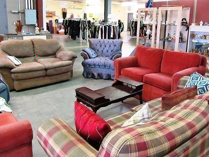 The furniture section offers instant living room makeovers with sofas in every color – that red one's practically begging to come home with you.