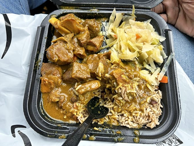 Curry goat with rice and cabbage—the kind of meal that makes you want to hug the chef and ask if they'd consider adoption.