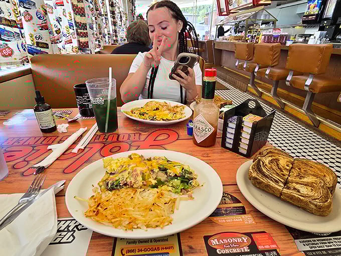 Breakfast spreads that could feed a small army – golden toast, colorful omelets, and hash browns that demand to be photographed before they're devoured.