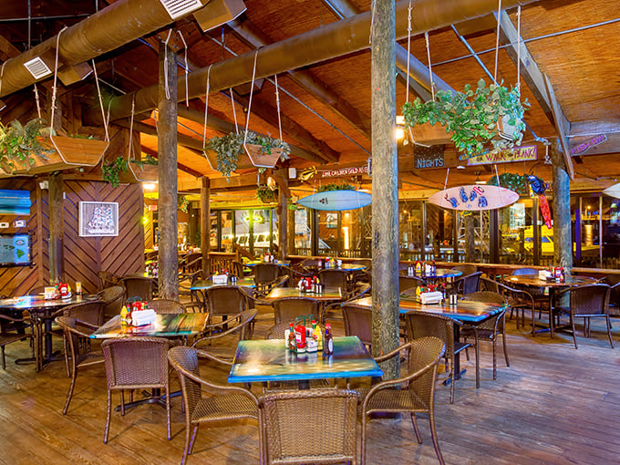 Hanging plants, wooden posts, and tables waiting for memories to be made—this isn't just dining, it's Florida's version of hygge.