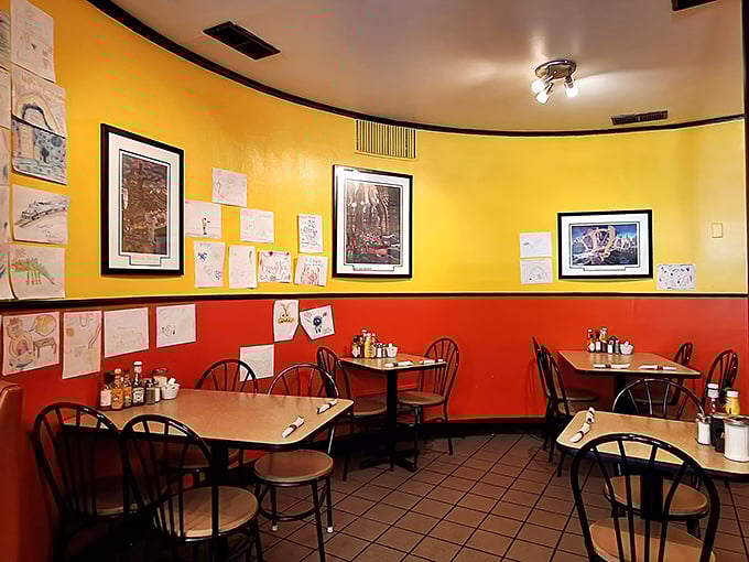 Yellow and red walls adorned with local art create the perfect backdrop for countless "remember when" conversations and maple syrup-induced happiness.