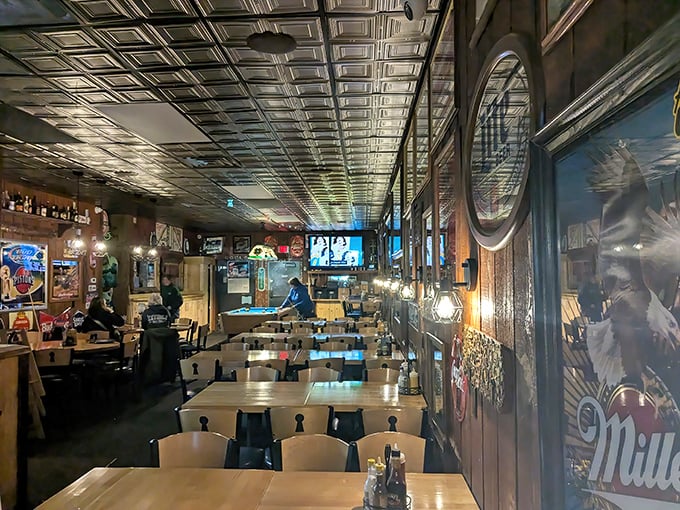 The dining room whispers stories of decades past while promising new memories to come. That tin ceiling has heard it all.