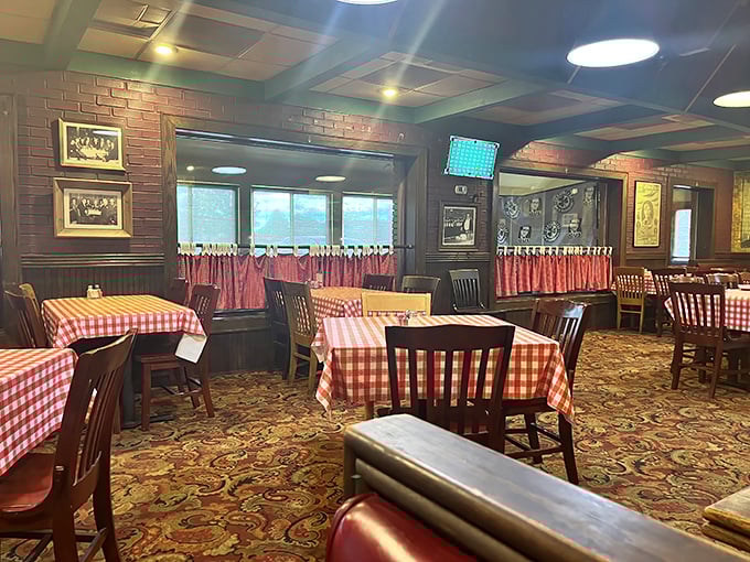 Red checkered tablecloths and wood paneling—not designed by an Instagram influencer, but by decades of happy diners.