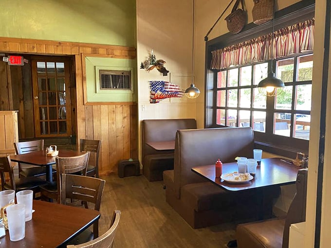 Leather booths, wooden paneling, and that unmistakable small-town diner energy—where every table feels like you've been sitting there your whole life.