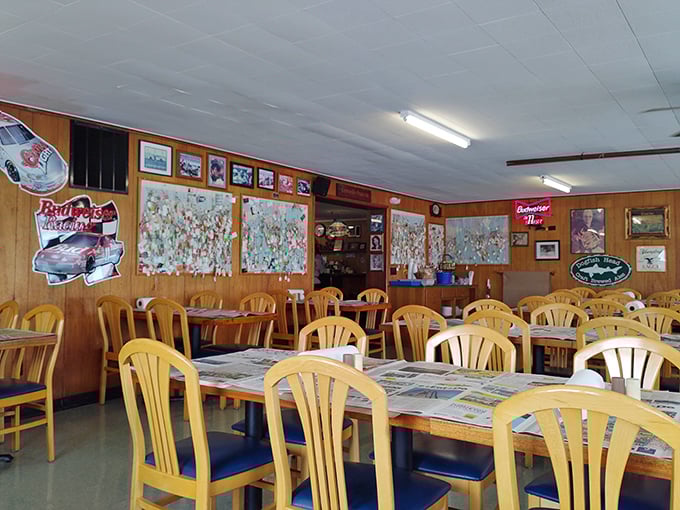 Tables covered in newspaper – because fancy tablecloths would just get in the way.