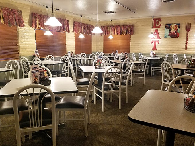 Classic diner seating with "EAT" spelled out on the wall—as if you needed any encouragement once you smell what's coming from the kitchen.