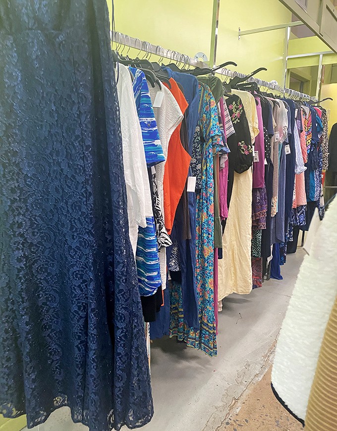 The dress section – where formal wear gets a second chance at romance. That blue lace number has stories it's not telling.