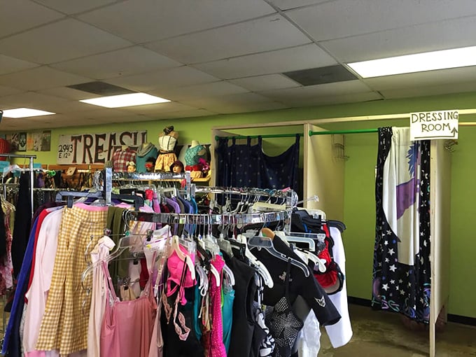 The "FRESH" section with its lime green walls and makeshift dressing room offers a boutique experience without the boutique prices.