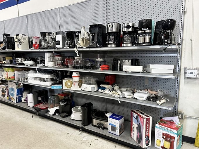 The small appliance graveyard—where coffee makers go for their second act. That vintage percolator might just make the best cup you've ever had.