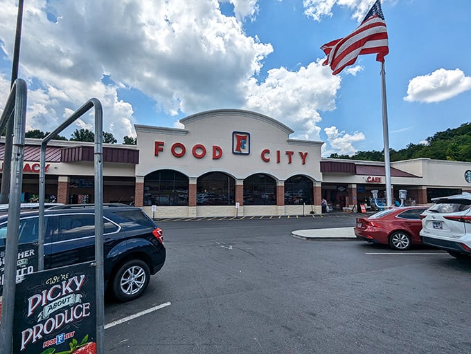 Even the Food City flies the flag proudly, because in Dandridge, grocery shopping comes with a side of patriotism and friendly conversation.