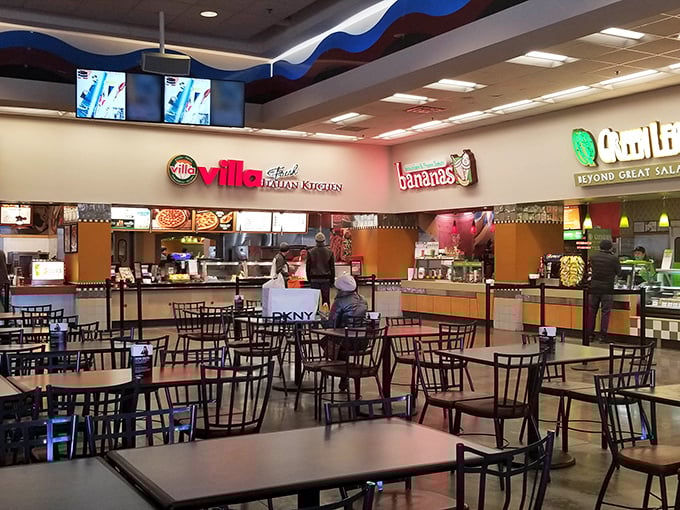 The food court offers a welcome respite for weary shoppers. Villa Fresh Italian Kitchen and Bananas prove that bargain hunting requires proper refueling.