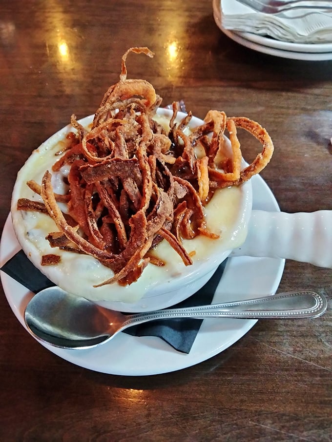 French onion soup with a cheese pull so dramatic it deserves its own slow-motion sequence in a food documentary.