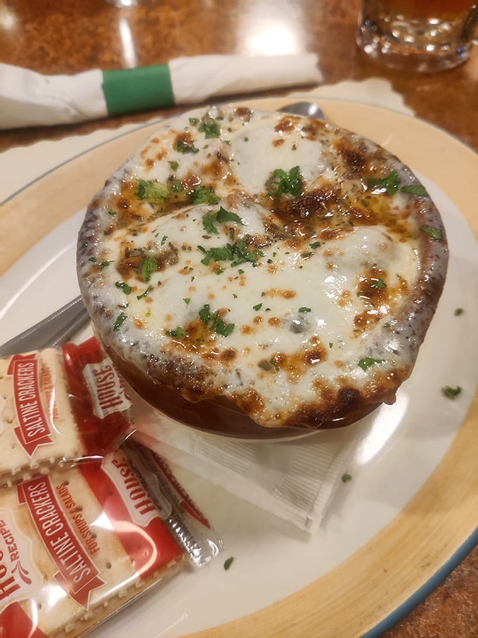 French onion soup with a cheese cap so perfectly browned and bubbly, it deserves its own standing ovation.