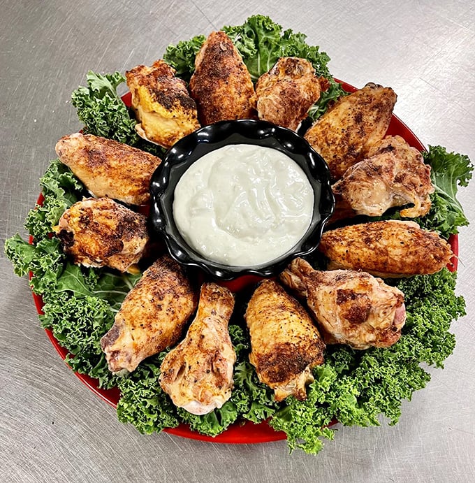 These golden-fried chicken wings, arranged in a perfect circle, are the poultry equivalent of Stonehenge—mysterious, magnificent, and worth the journey.