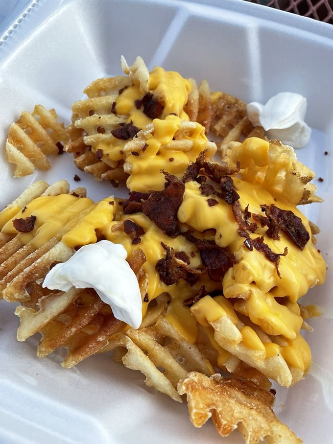 Loaded fries that don't just cross the line between side dish and main event—they dance over it with bacon bits and cheese sauce.