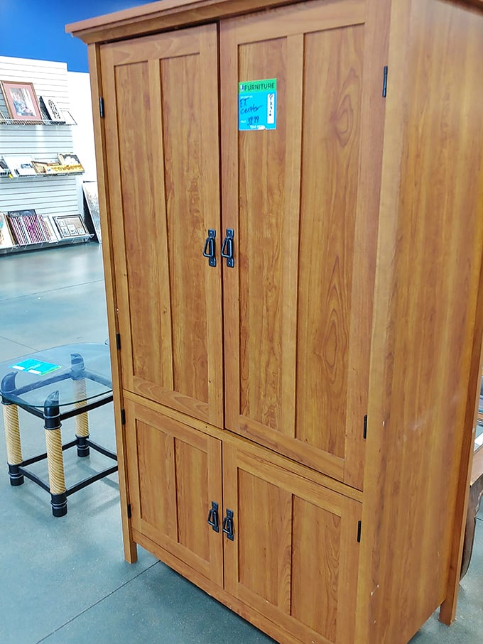 This solid wood armoire stands like a dignified elder statesman among furniture finds, probably wondering what stories its next home will hold.