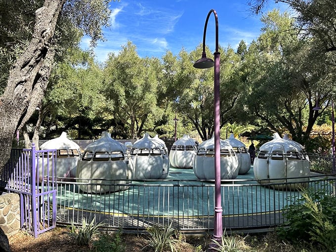 These garlic-shaped pods aren't just a nod to Gilroy's famous crop—they're proof that even vegetables can be transformed into whimsical amusement rides.