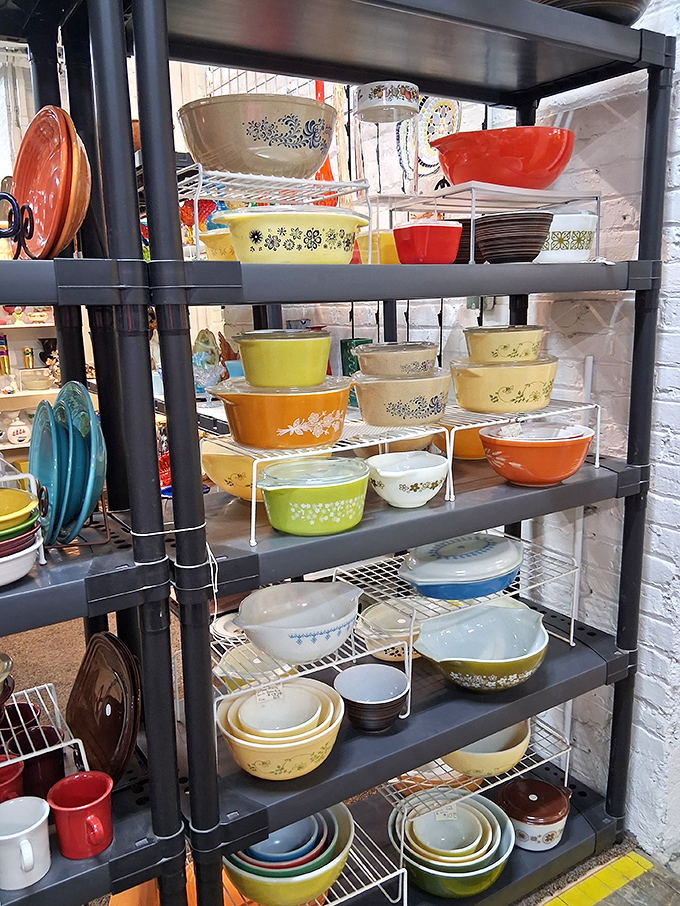 The Pyrex rainbow—kitchen workhorses from grandma's era that somehow make modern cookware seem disposable by comparison.