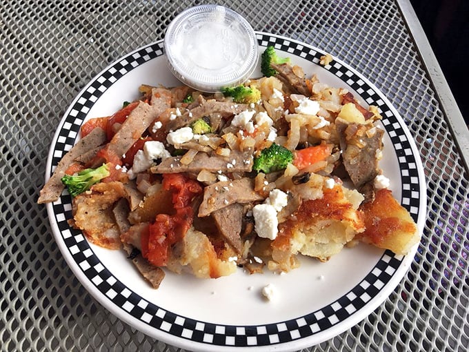 Greek hash with feta crumbles - Mediterranean meets Michigan in one glorious, hearty plate. 