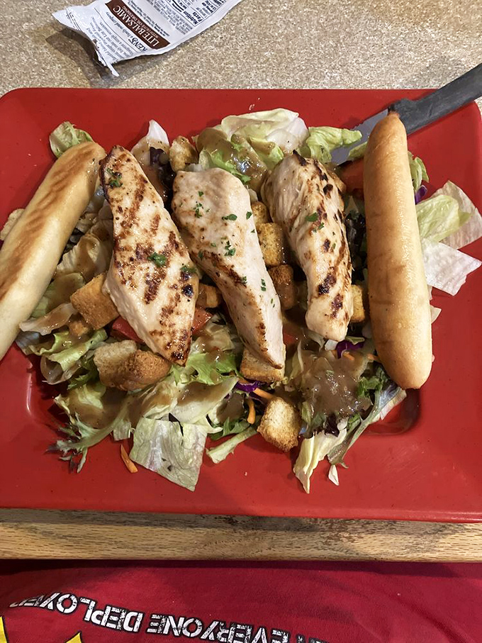 A chicken salad that doesn't apologize for being on a seafood menu – sometimes your dining companion just doesn't understand the ocean's bounty.
