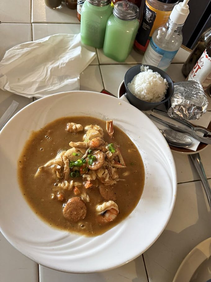 Gumbo that looks like it contains the secrets of the universe—or at least the secrets to making Tuesday infinitely better than Monday.