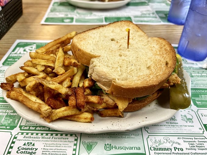 The classic diner sandwich—where simplicity reigns supreme. Those hand-cut fries aren't just a side dish; they're the supporting actor who steals the scene.
