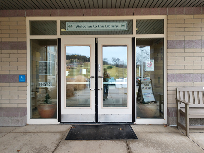 Even the library entrance in Millersburg looks inviting—a portal to adventures that don't require charging your devices or updating your passwords.