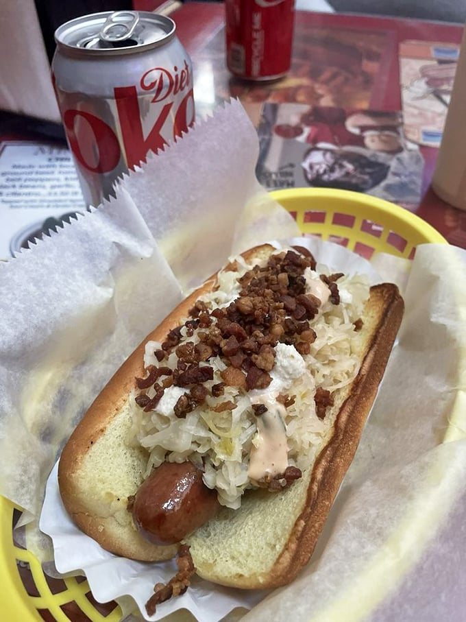 This isn't just a hot dog; it's edible architecture – layers of flavor carefully constructed to deliver maximum satisfaction with every bite.