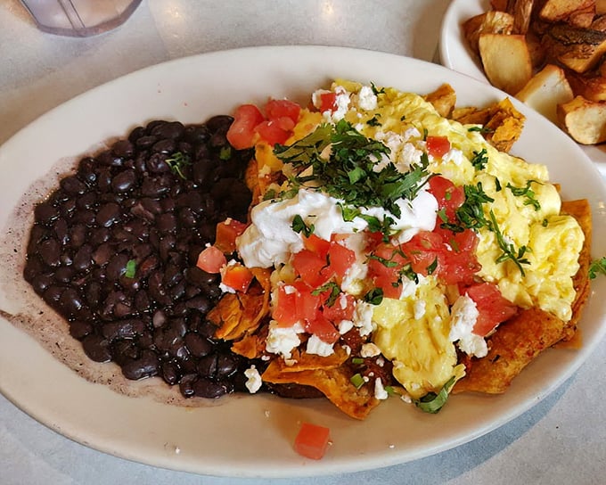 A fiesta on a plate! Black beans, eggs, and tortilla chips having the most delicious party, with avocado and tomato dressed for the occasion.