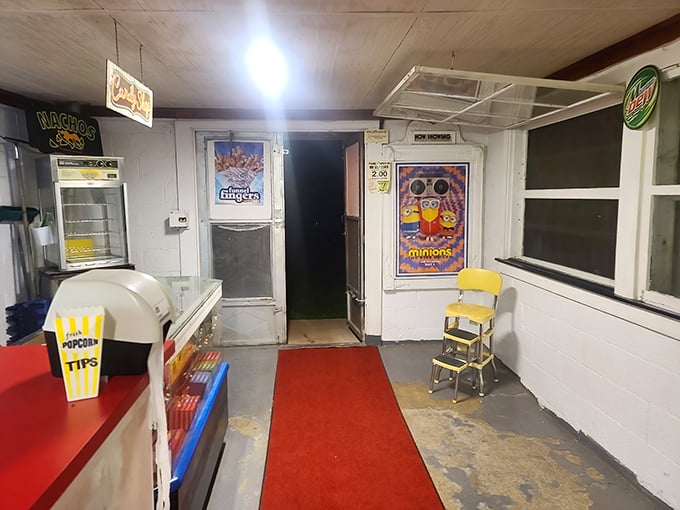 Classic movie posters and a vintage high chair – this concession stand interior is a time capsule of Americana.