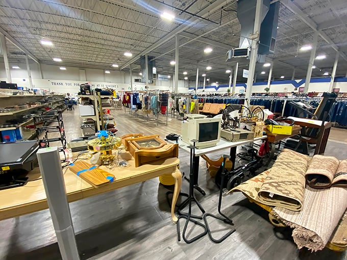 From one angle to another, the store reveals its true scale—a cathedral of secondhand commerce where bargain hunters worship at the altar of affordability.