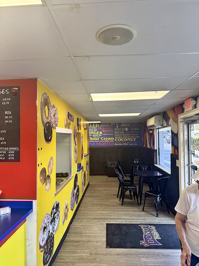 Bright yellow walls and donut imagery create an environment where calories don't count and diet plans come to negotiate their surrender terms.