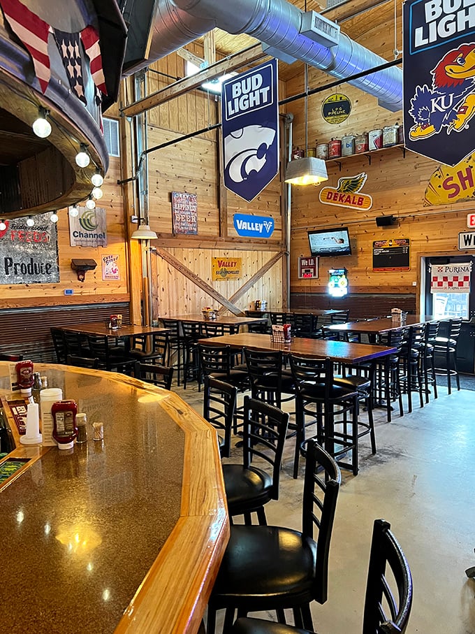 Sports memorabilia and agricultural nods line the walls—a space where farmers, families, and foodies find common ground over great meals.