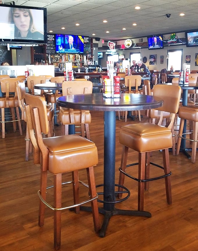 The high-top tables and comfortable seating create the perfect perch for both serious eating and casual Wisconsin sports debates.